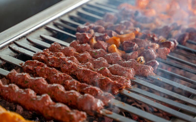 Tikka, Shish & Kofta Kebabs on Charcoal Barbeque Stock Image - Image of ...