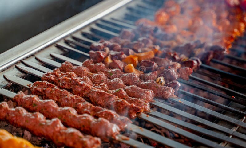 Tikka, Shish & Kofta Kebabs on Charcoal Barbeque Stock Photo - Image of ...