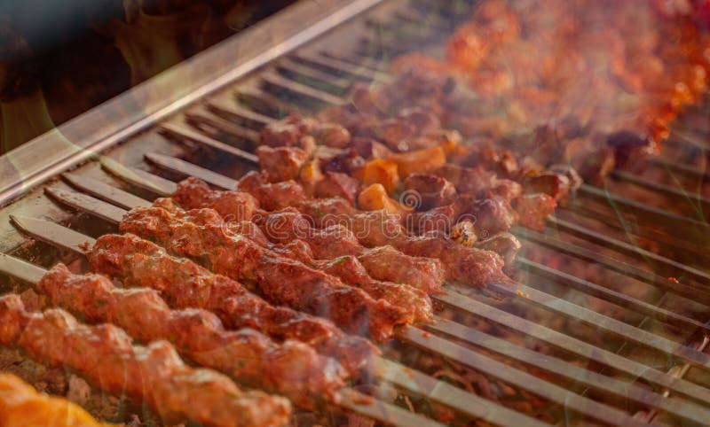 Tikka, Shish & Kofta Kebabs on Charcoal Barbeque Stock Image - Image of ...
