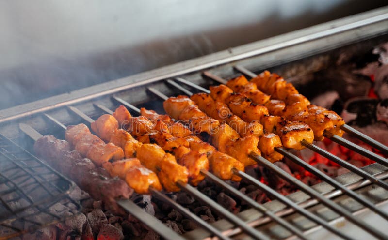 Tikka, Shish & Kofta Kebabs on Charcoal Barbeque Stock Photo - Image of ...