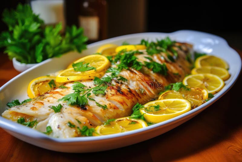 Tilapia Fish Baked with Garlic and Lemon Stock Illustration ...