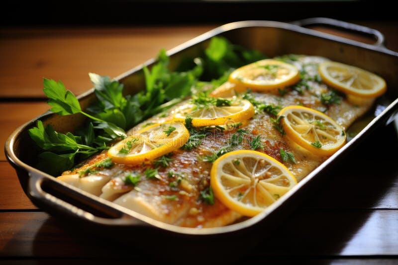 Tilapia Fish Baked with Garlic and Lemon Stock Illustration ...