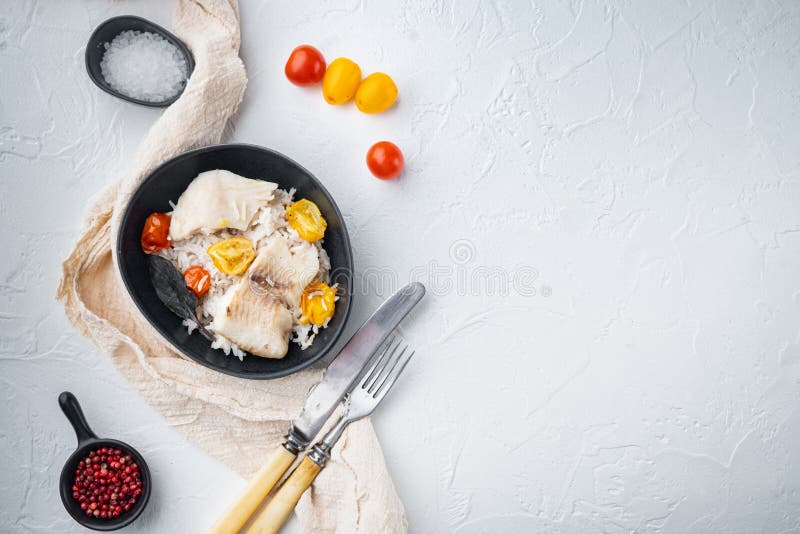 Tilapia Fish with Basmati Rice and Cherry Tomatoes in Bowl, on White ...