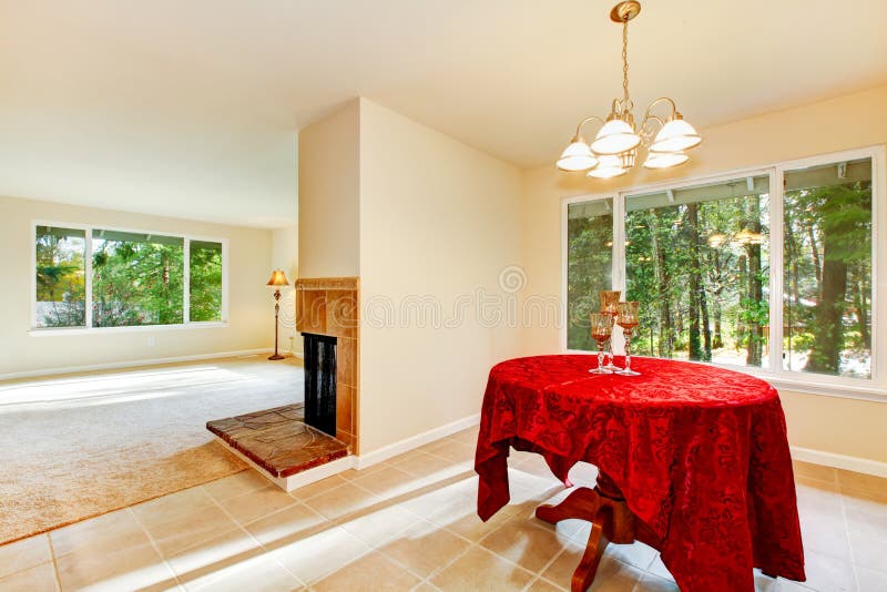 Tile Floor Dining Room Interior with Elegant Red Table Cloth. Stock ...
