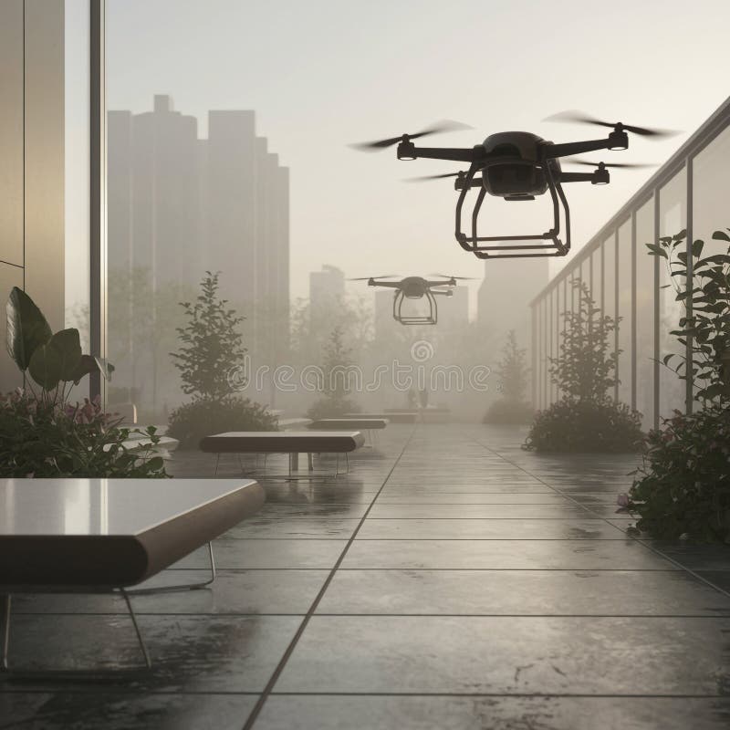Tile-floored Rooftop Terrace with Quadcopter Drones Flying Stock Image ...