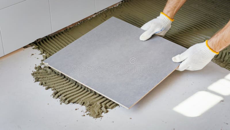 Tile Installation Process with Worker Placing Large Gray Ceramic Tile ...