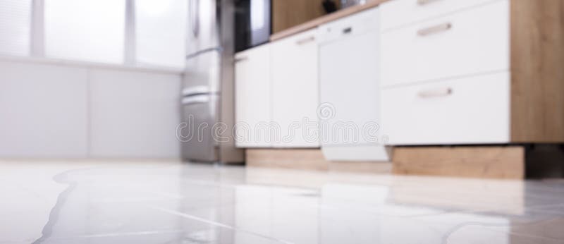 Tile Kitchen Floor Inside Home with Leak Stock Image - Image of maid ...