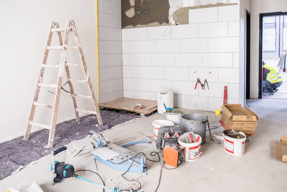 Tile man and his tools stock photo. Image of bags, tile - 84516178