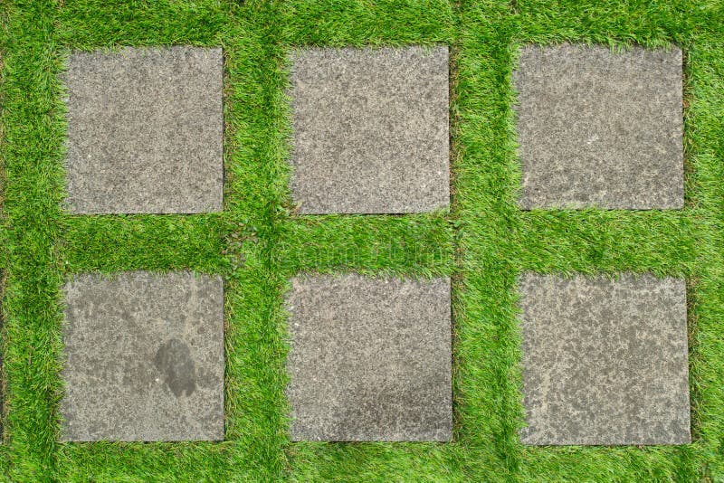 Tile Pavement Close-up with Artificial Green Grass Stock Image - Image of courtyard, meadow ...