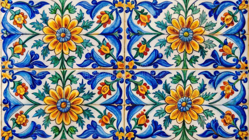 Tile Perspective Blue and Yellow Floral Mosaic Stock Illustration ...
