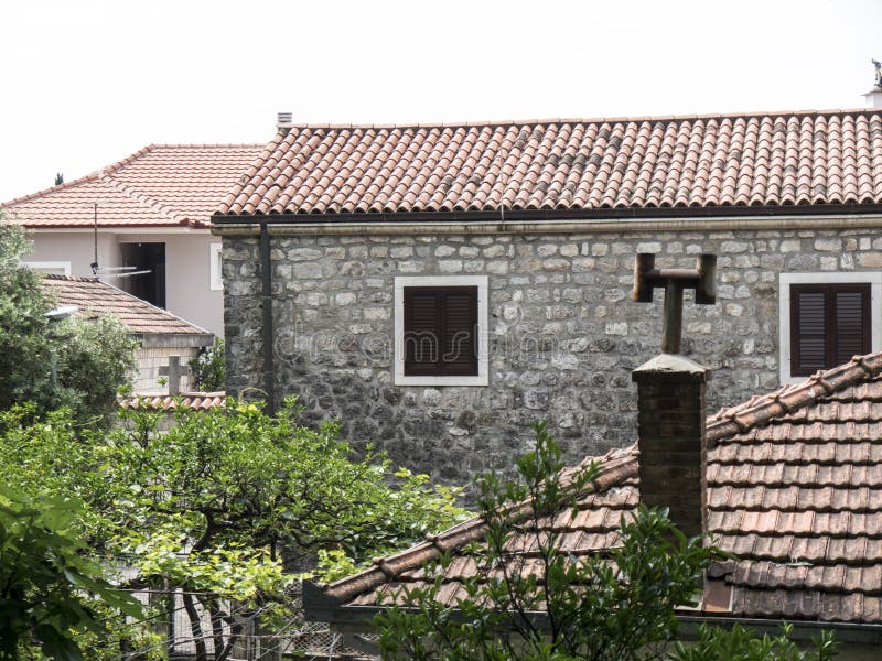 Tile Roofs of White Stone Houses Side View Stock Photo - Image of house ...