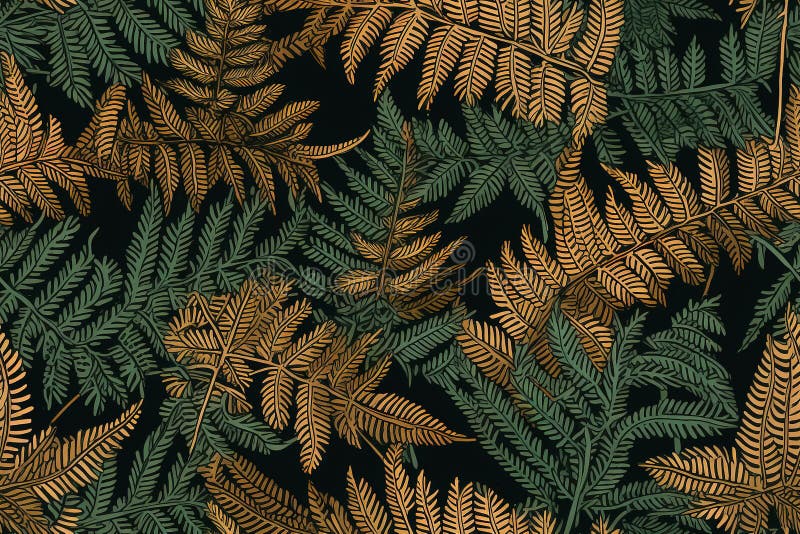 Tile. Seamless Pattern with Golden Fern Leaves on Black Background ...