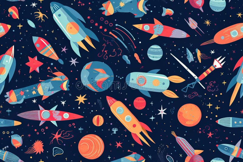 Tile. Seamless Pattern. Space Rockets and Planets Stock Illustration ...