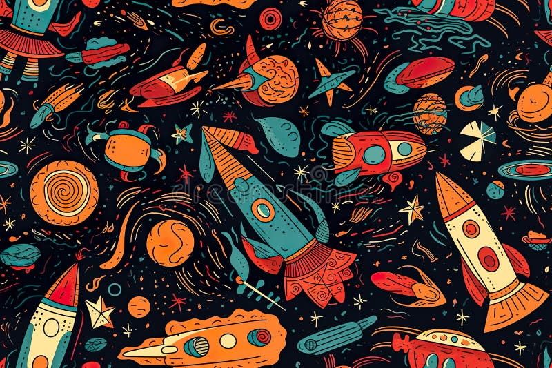 Tile. Seamless Space Pattern with Rocket, Planets, Stars and Comets ...
