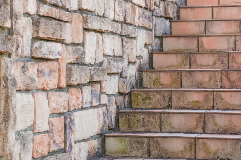 Tile Stairs with Stone Brick Wall. Stock Image - Image of stone, detail ...