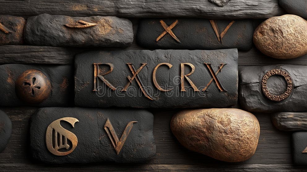 Seamless Pattern of Burned Script and Bone Glyphs Carved into Volcanic ...