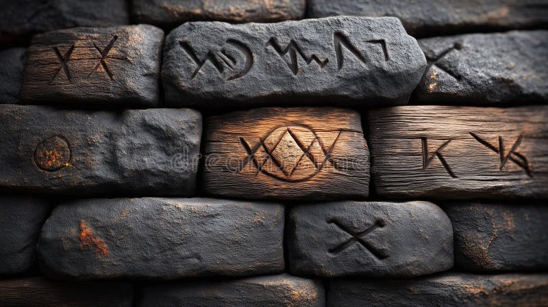 Seamless Pattern of Burned Script and Bone Glyphs Carved into Volcanic ...