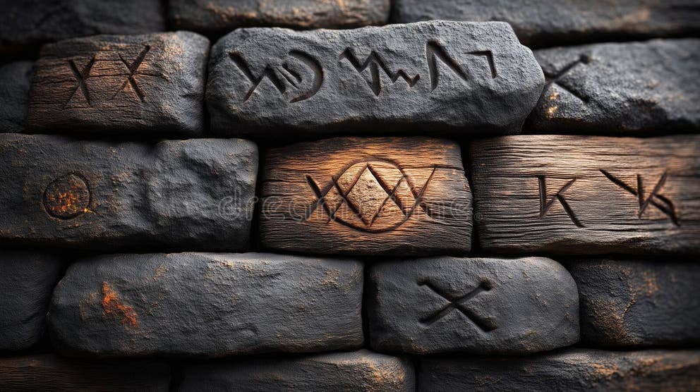 Seamless Pattern of Burned Script and Bone Glyphs Carved into Volcanic ...