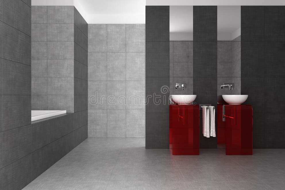 Tiled Bathroom with Double Basin and Bathtub Stock Illustration ...