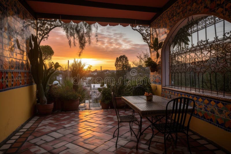 A Tiled Patio with View of the Sunset, Set for a Romantic Al Fresco ...