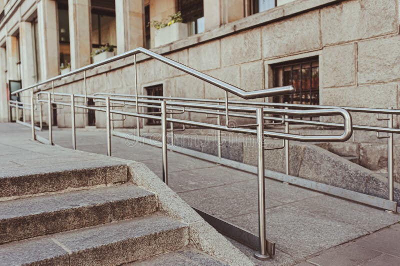 Tiled Ramp with Shiny Metal Railings Outdoors Stock Image - Image of ...