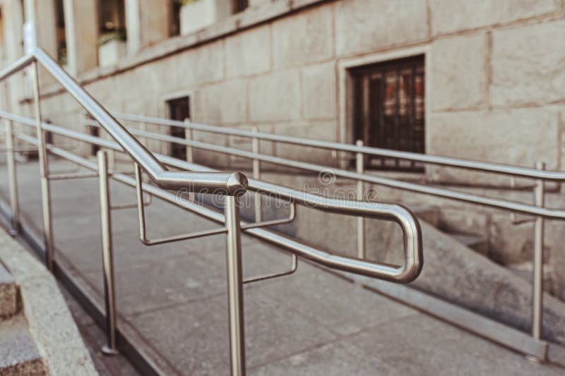 Tiled Ramp with Shiny Metal Railings Outdoors Stock Photo - Image of ...