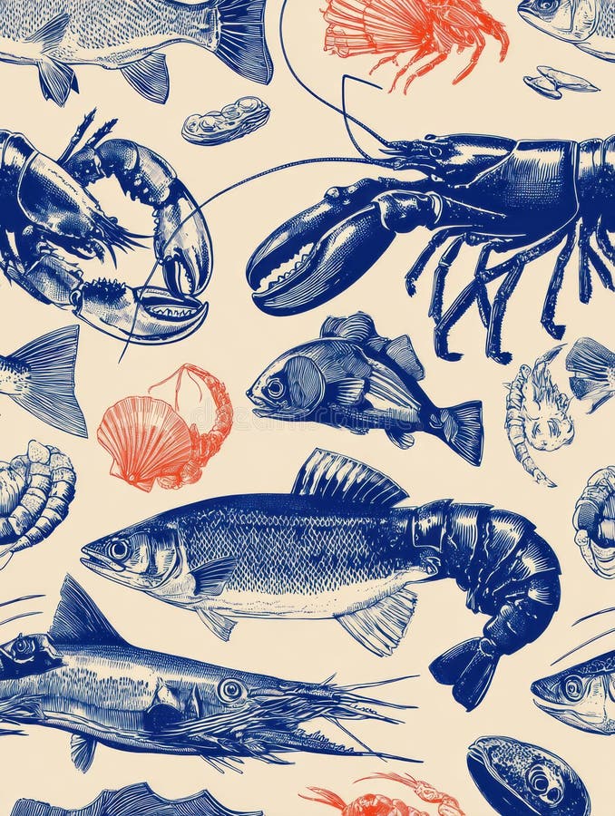 Tiled Seafood Illustrations Create a Vibrant Repeating Pattern with Central Space for Design ...