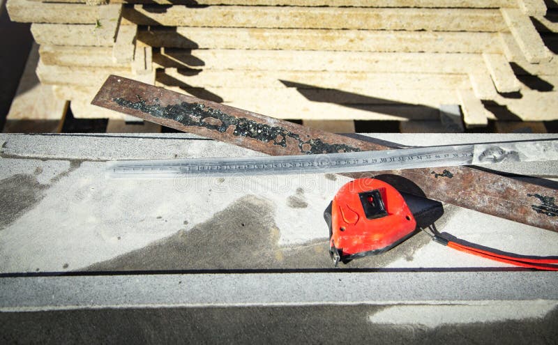 Tiles for House Building with Measuring Tape Stock Image - Image of ...