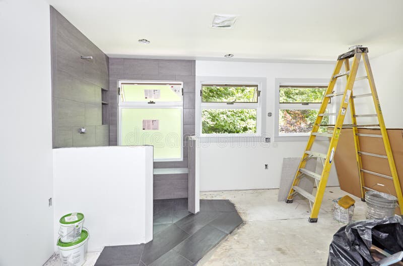 Tiles installed in shower editorial stock image. Image of ladder ...