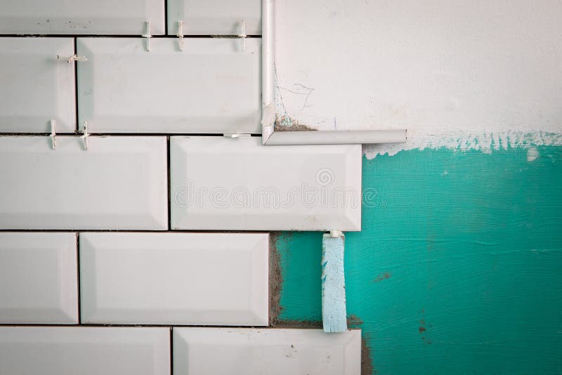 Tiling Works. Subway Style Tiles in the Bathroom Stock Image - Image of ...