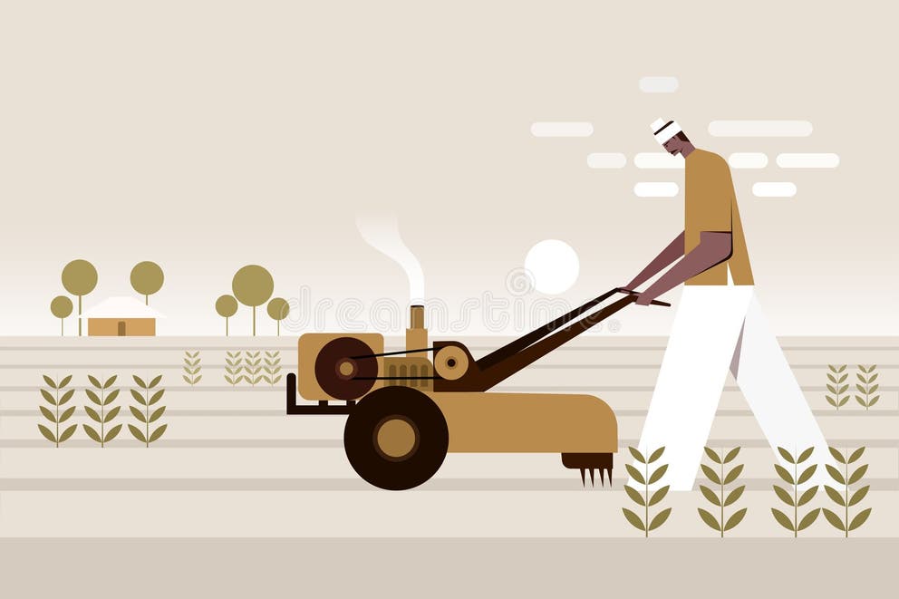 A Farmer Ploughing the Field with a Power Tiller Stock Vector ...
