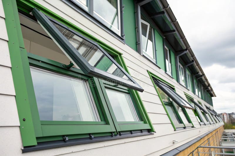 Tilt Close-up Photo of Ajar Windows in Green Frames Stock Illustration ...