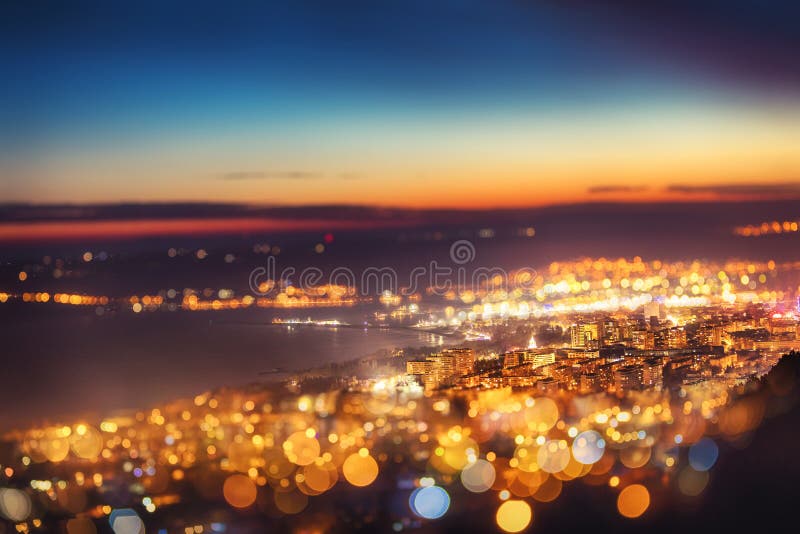 Tilt Shift Blur Effect. Night Aerial View Panorama of Varna Town Stock ...