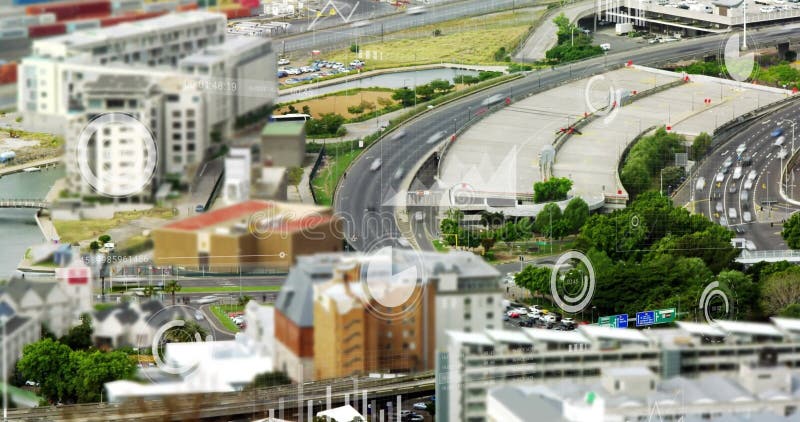 Tilt-shift Effect on Urban Landscape with Digital Data Processing Animation Overlay Stock Video ...