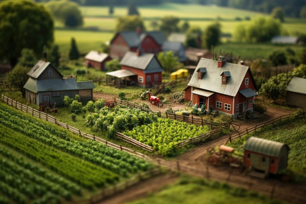 Tilt-shift Image of a Farm with Tiny Barns, Animals, and Crops Stock ...