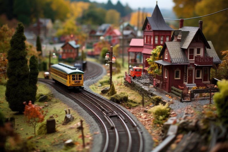 Tilt-shift of a Set of Railway Tracks Surrounded by Miniature Scenery ...