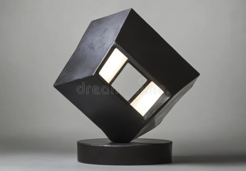Tilted Black Cube Sculpture with Internal Lighting Stock Illustration ...