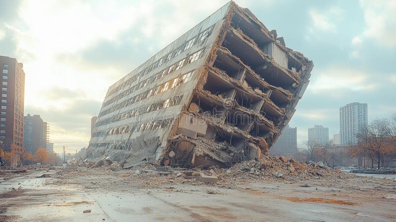 Tilted and Collapsed Office Building with Shattered Concrete and a ...