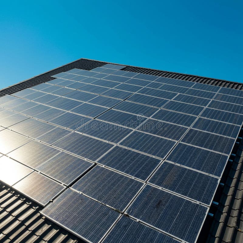 Tilted Solar Panel Array on a Rooftop with a Clear Blue Sky Background ...