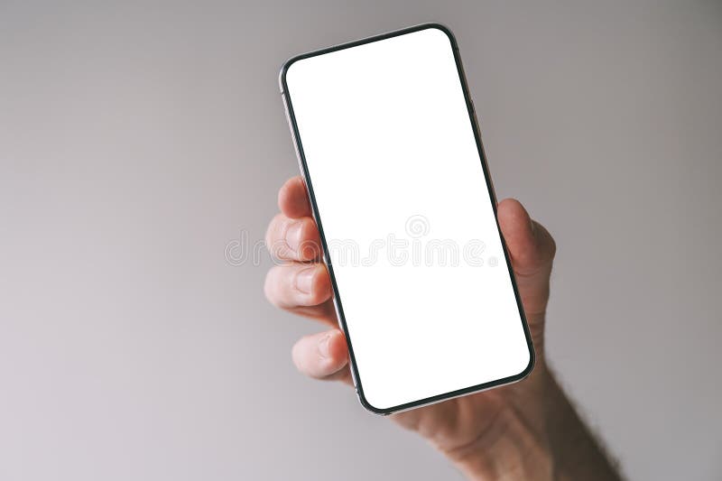 Tilted Vertically Held Smartphone with Blank White Mockup Screen in ...