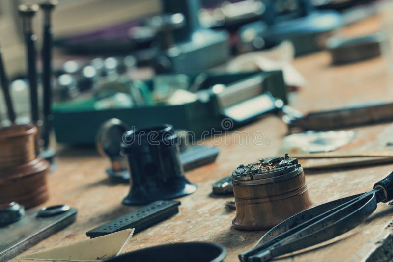 Tilted View of a Watchmakers Workshop and Workbench Stock Photo - Image ...
