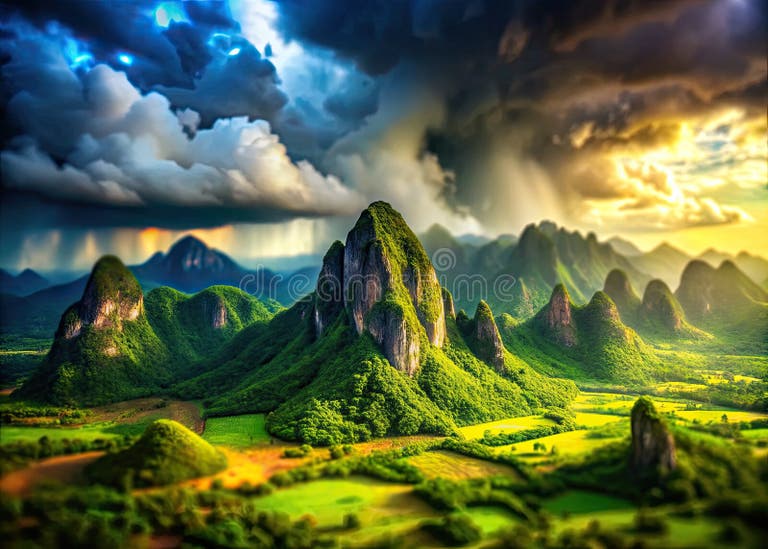 A TiltShift Perspective of a SunDrenched Tak Province Mountain Range ...