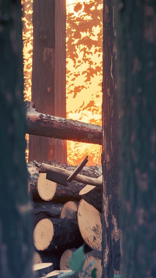 Timber Ambiance Logs in the Forest, Framed by a Sunset Stock ...