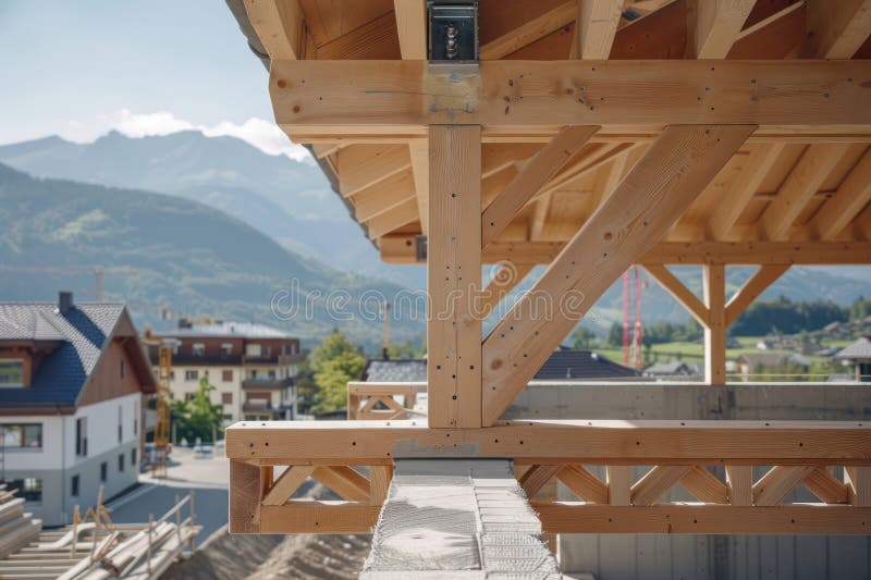 Timber Beams Form Detailed Building Framework at Construction Site ...