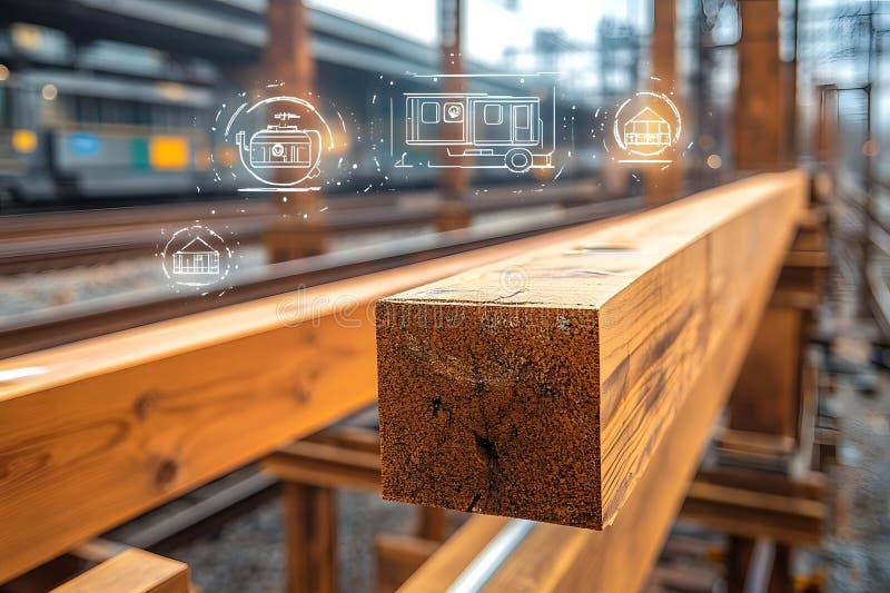 Timber Beams in Industrial Rail Yard with Floating Train and Rail Icons ...
