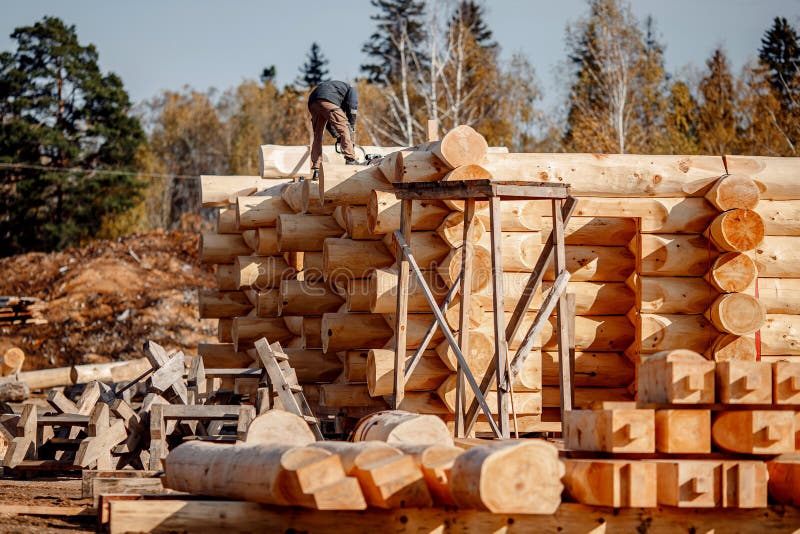 Timber Building House Construction Circle Log with Blue Sky Sun Light ...