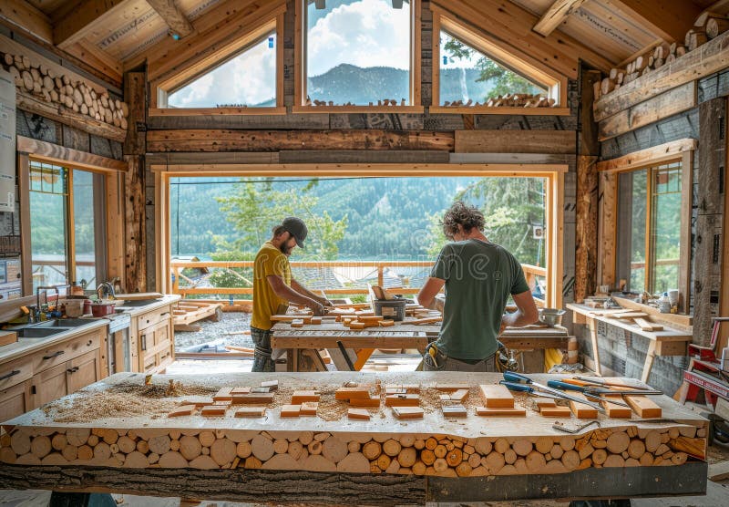 Timber Frame Construction Site Interior with Two Men Working on a Large ...