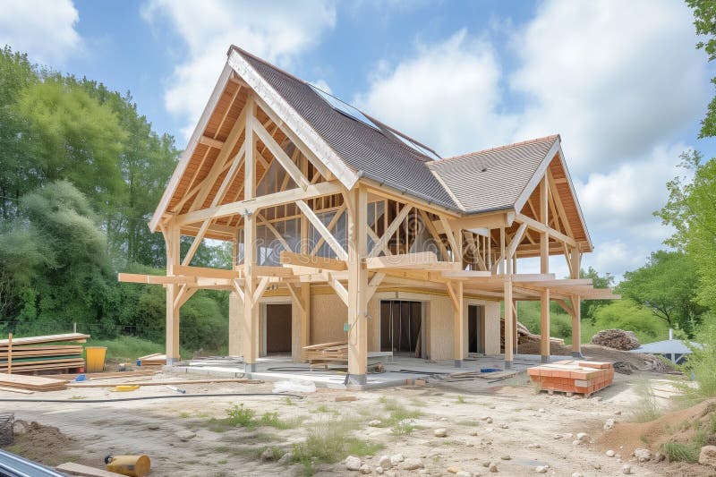 Timber Frame House Under Construction with Visible Beams Stock Image ...