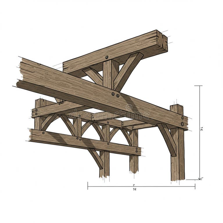 Timber Frame Structure Illustration Featuring Intersecting Beams and ...