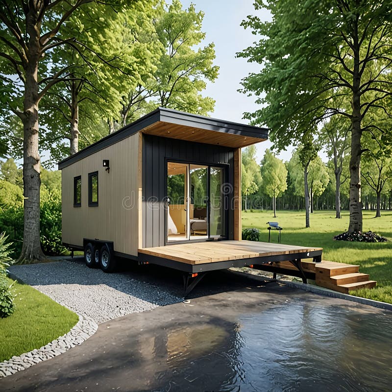A Timber House on Wheels Surrounded by Big Trees Stock Illustration ...